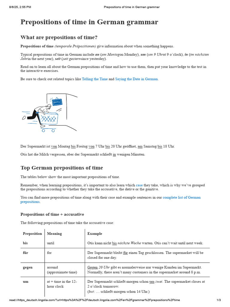 Prepositions of Time in German Grammar | PDF