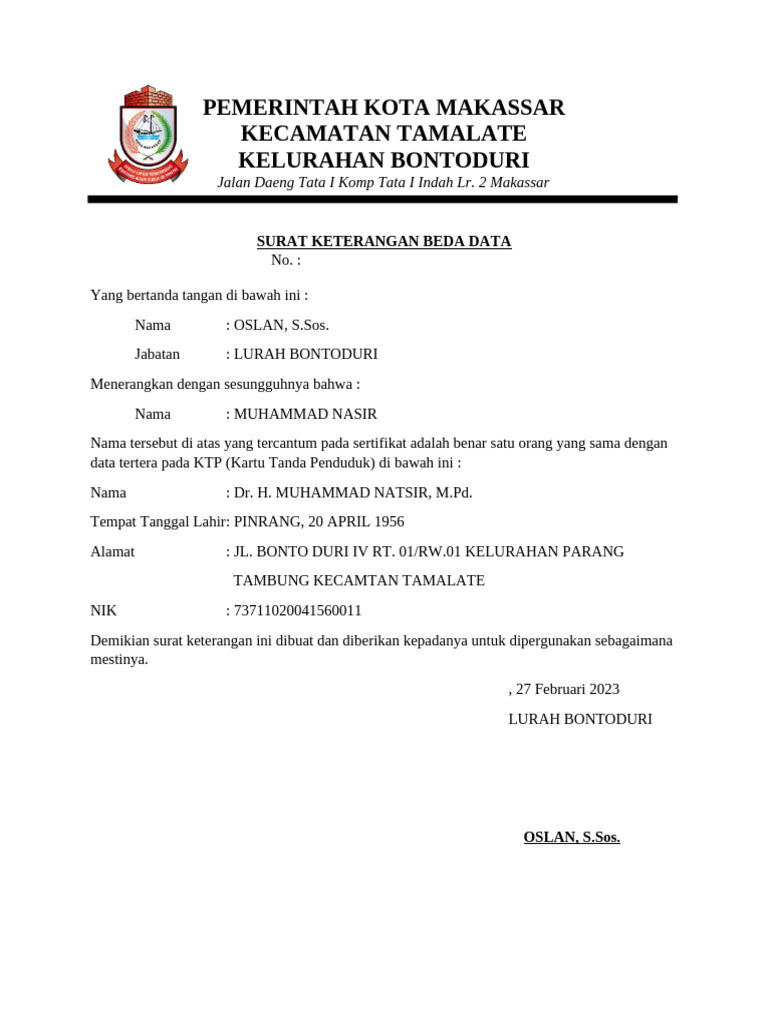 Surat Keterangan Beda Data | PDF