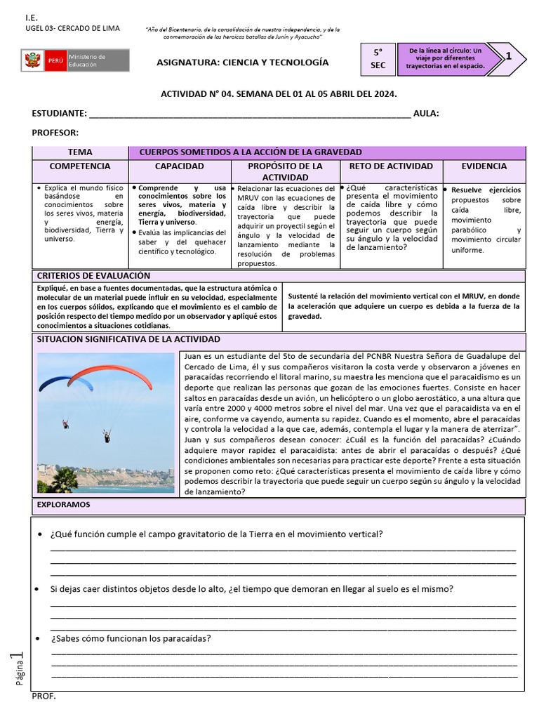 (PDF) 5°Sec - UNIDAD 1 - ACTIVIDAD 4 (CyT Explica 2024) - Cuerpos sometidos a la acción de la ...