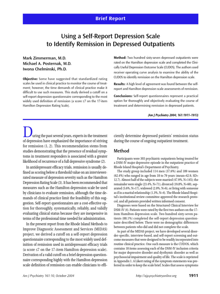 Self-Report Scale for Depression Remission | PDF | Major Depressive ...