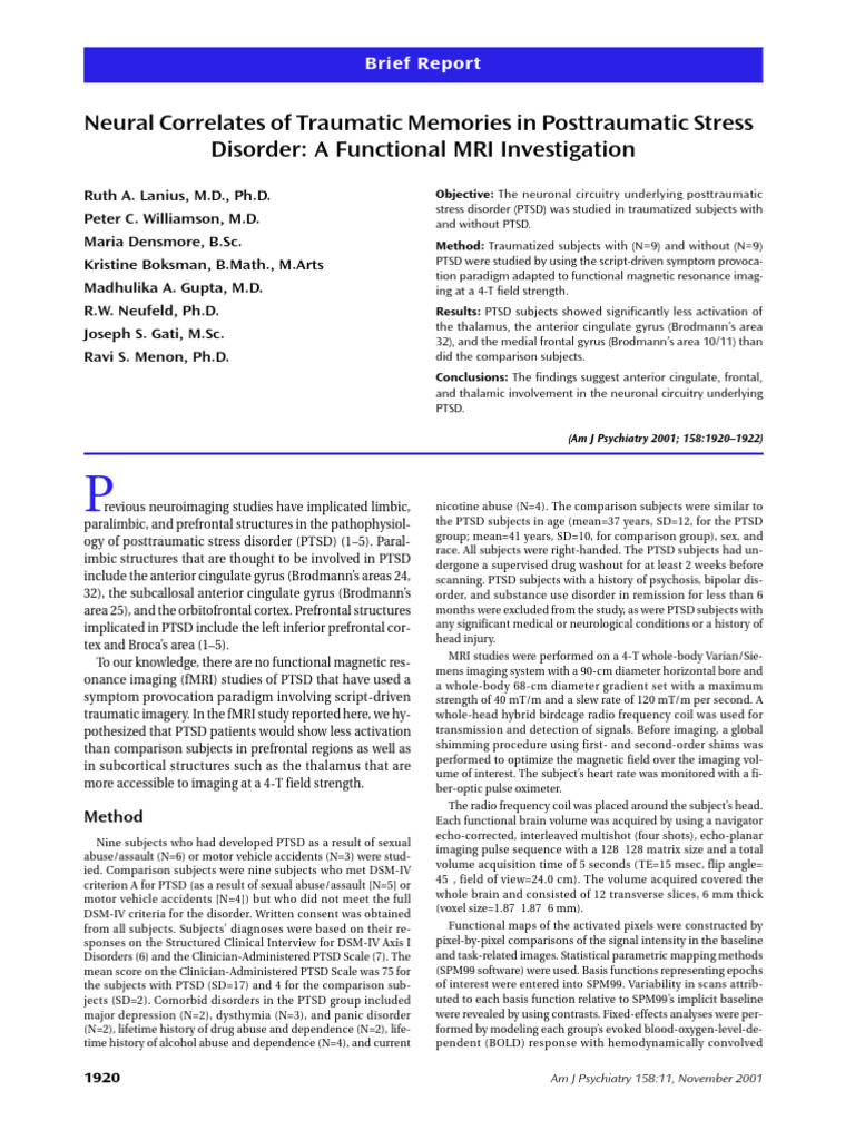 Neural Correlates of Traumatic Memories in Posttraumatic Stress ...