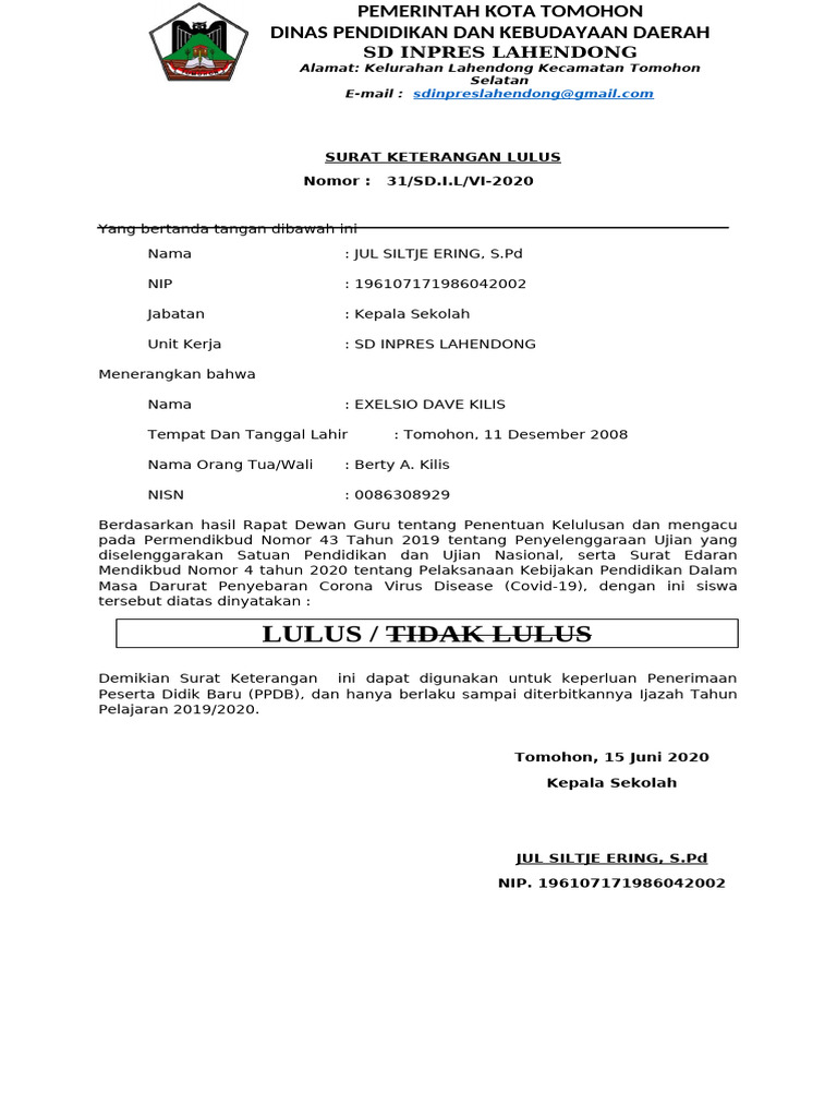 Surat Keterangan Lulus 2020 | PDF