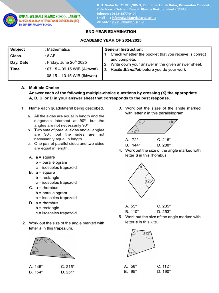 Mathematics End-Year Exam 2024/2025 | PDF | Rectangle | Euclidean Plane ...