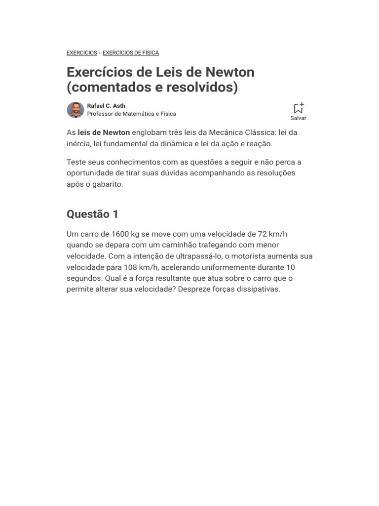 Exercícios Resolvidos sobre Leis de Newton | PDF | Leis do Movimento de ...