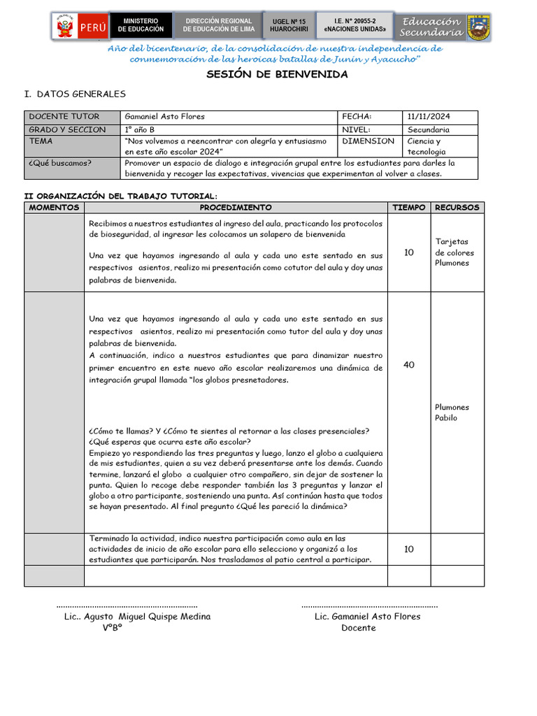 Modelo de Sesión de Bienvenida 2025 | PDF | Aprendizaje