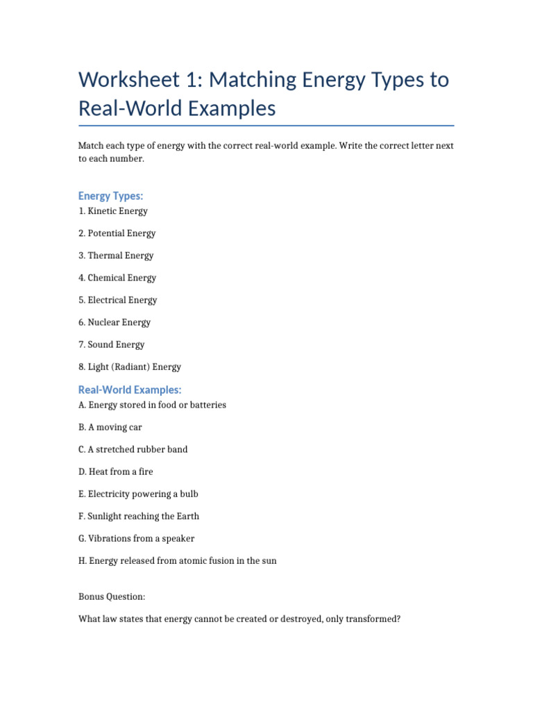 Energy Types Worksheet | PDF