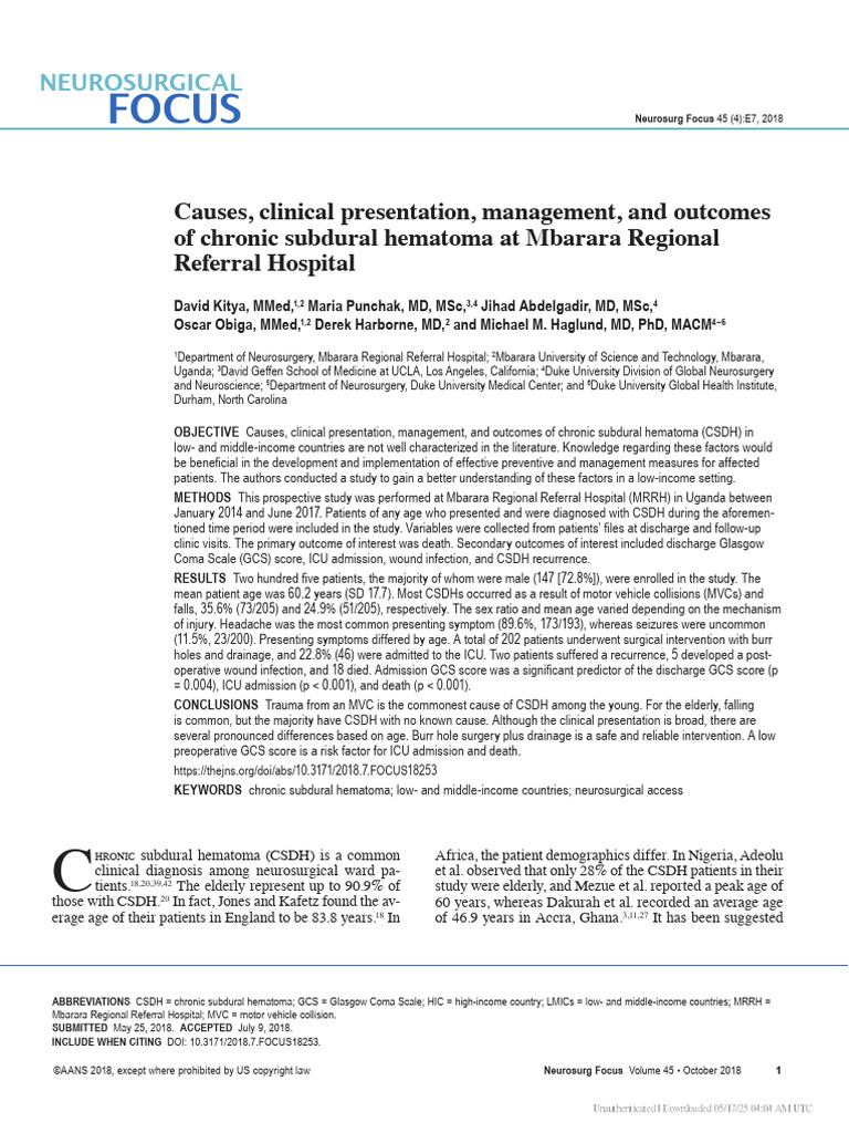 Neurosurg Focus Article PE7 | PDF | Intensive Care Unit | Neurosurgery
