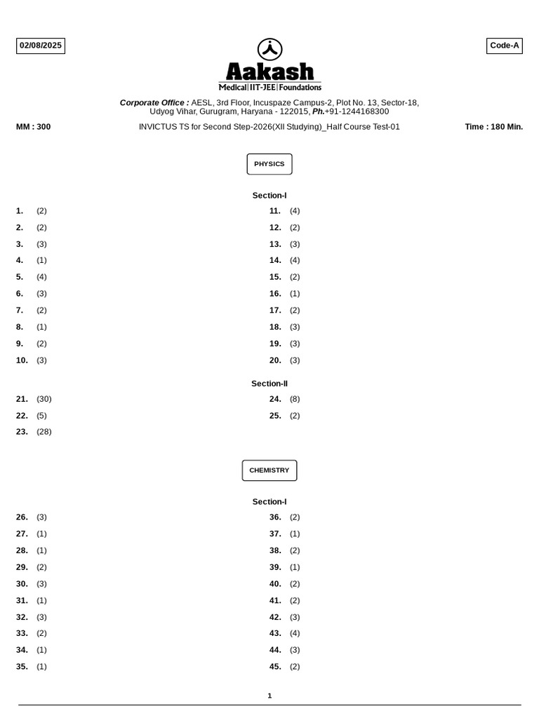 AITS-JEE (Main) Class-XII Half Course Test-1 (02!08!2025) (For Invictus ...