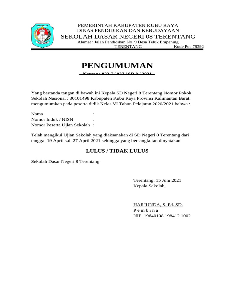 Pengumuman Kelulusan Kelas 6 SD 2021 | PDF
