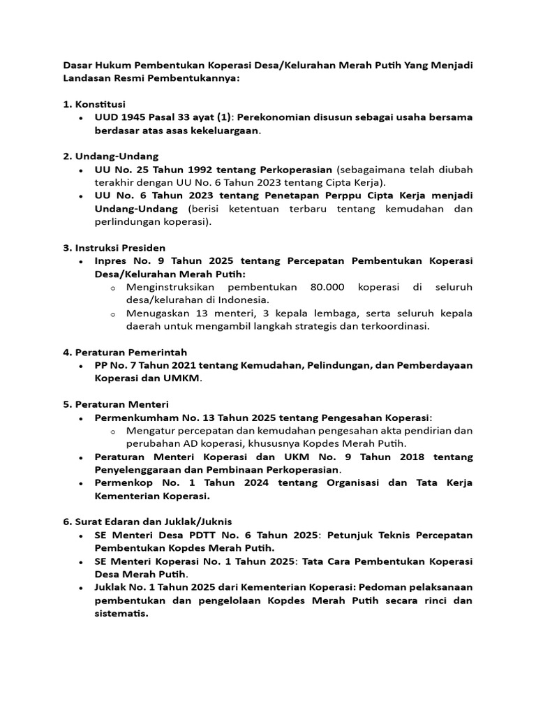 Dasar Hukum Koperasi Desa Merah Putih | PDF