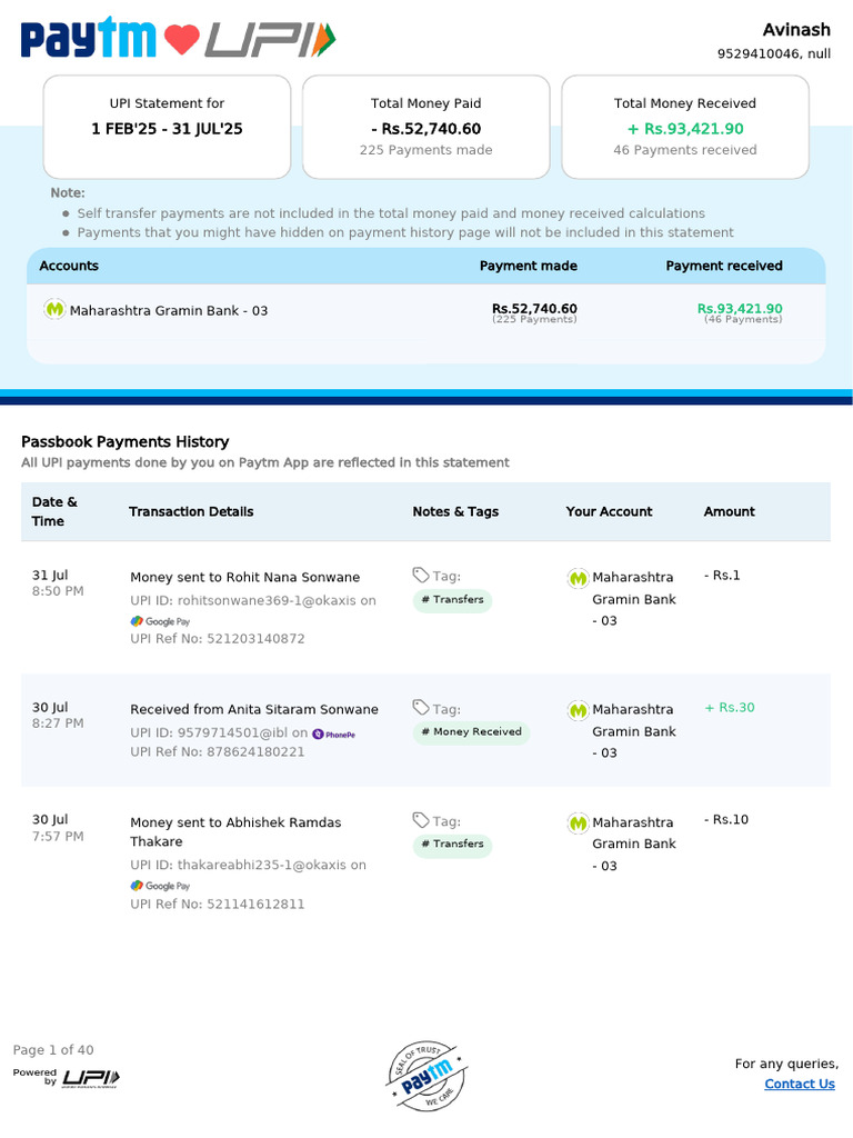 Paytm UPI Statement 01 Feb'25 - 31 Jul'25 | PDF | Finance & Money ...