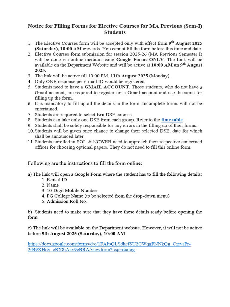 2025 8 Aug Notice For Filling Forms For DSE MA Sem I | PDF
