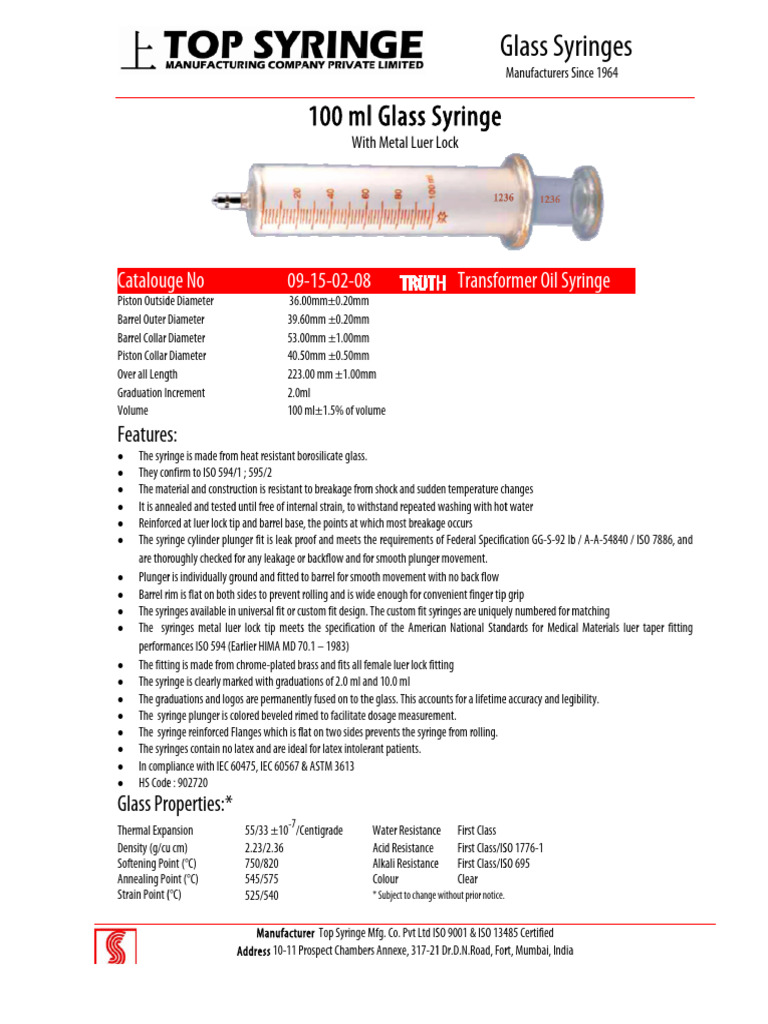 Glass Syringe Specifications and Features | PDF | Syringe