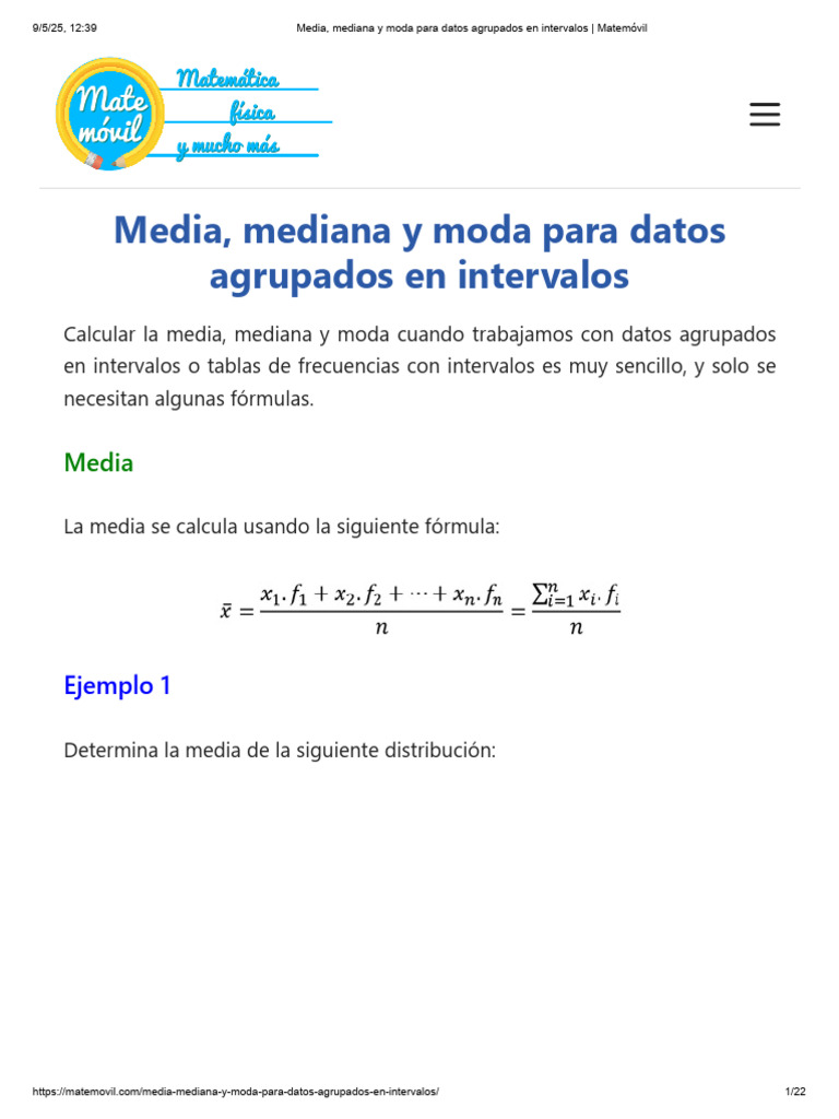 Media, Mediana y Moda para Datos Agrupados en Intervalos - Matemóvil ...