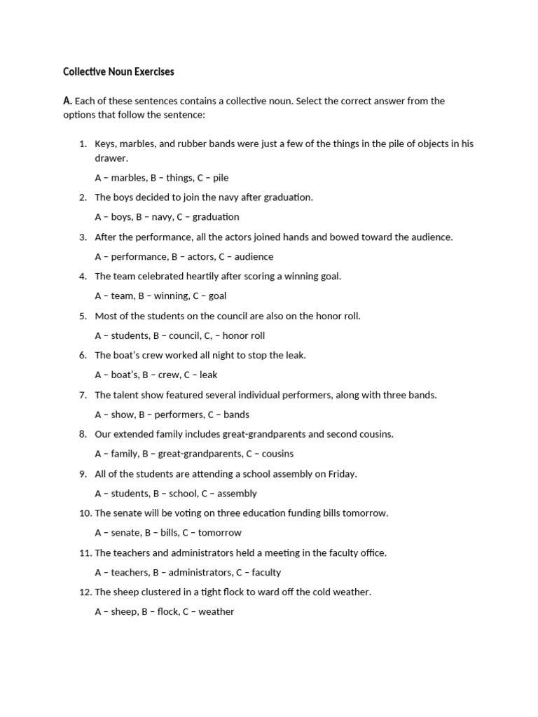 Collective Noun Exercises for Students | PDF | Linguistic Morphology ...