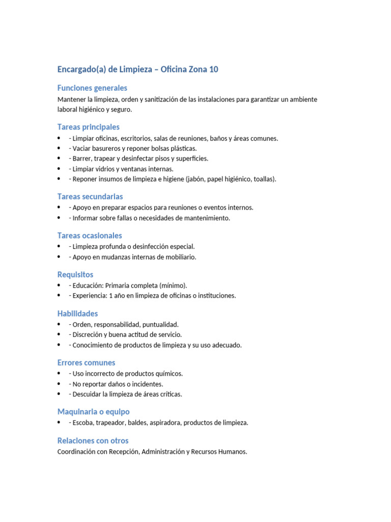 Descriptores Puestos Guatemala | PDF | Gestión de recursos humanos | Limpieza