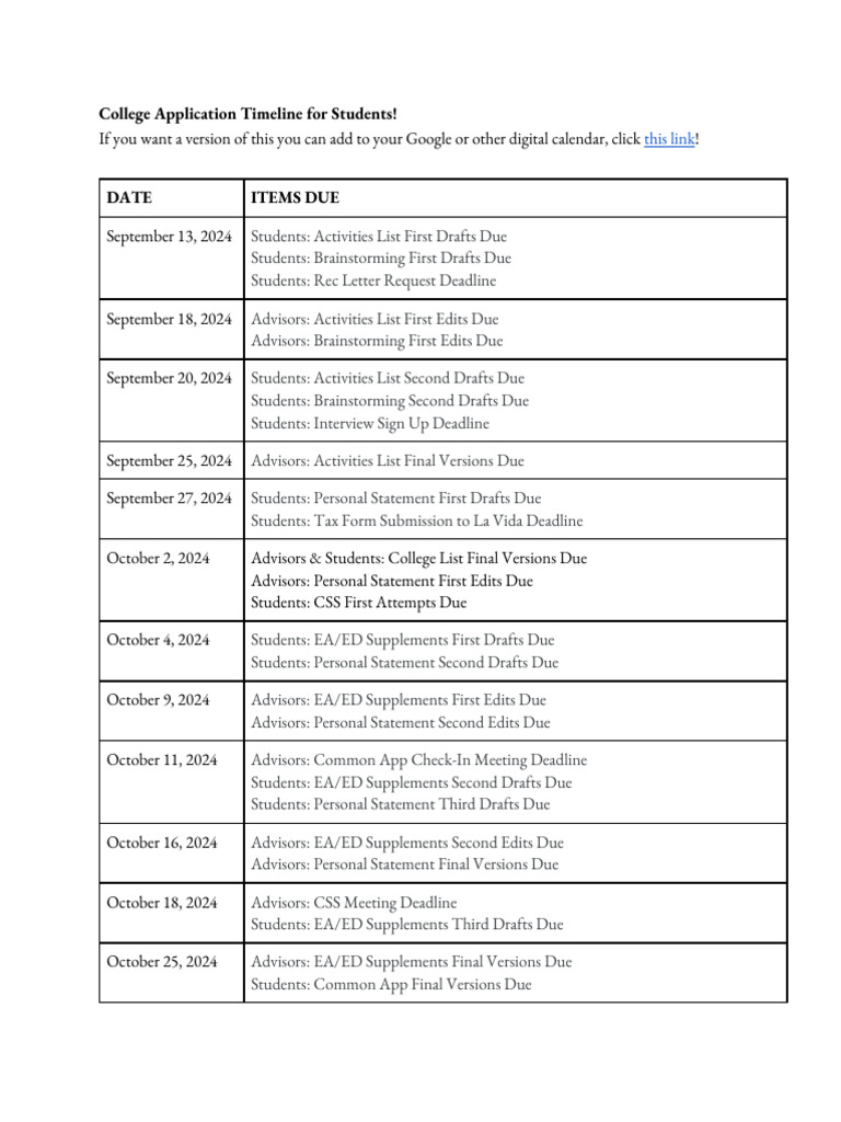 College Application Timeline For Students! | PDF | Higher Education | Educational Stages