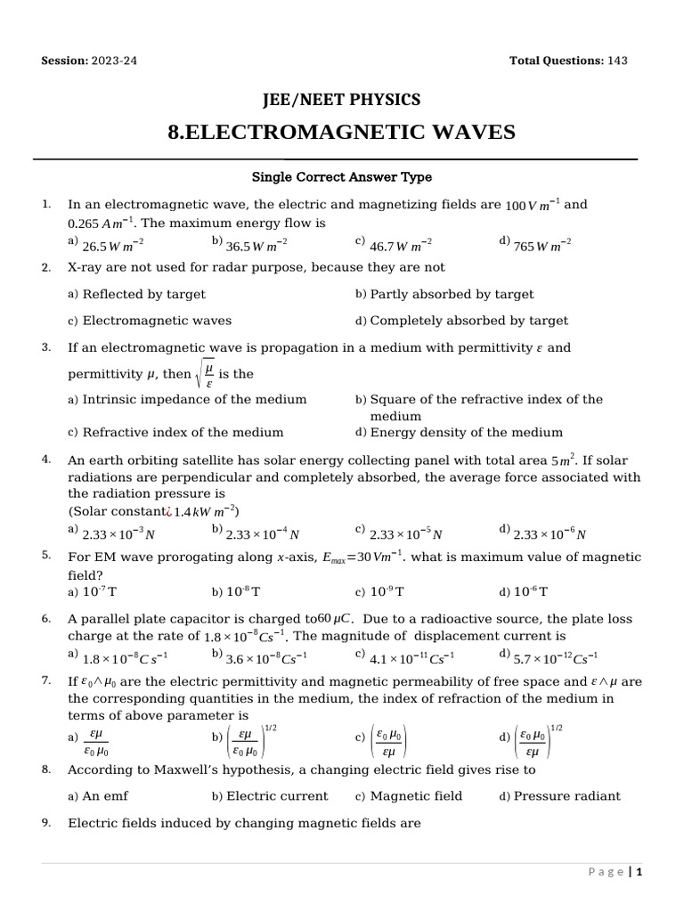 JEE/NEET Physics: Electromagnetic Waves Quiz | PDF | Waves ...