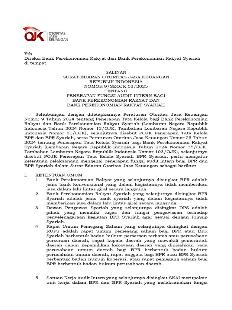 SEOJK 9-SEOJK03-2025 Penerapan Fungsi Audit Intern Bagi Bank Perekonomian Rakyat Dan Bank ...
