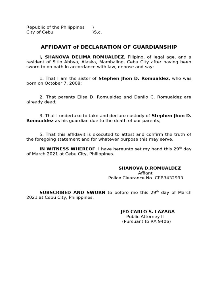 Affidavit of Declaration of Guardianship_SHANOVA DELIMA ROMUALDEZ | PDF