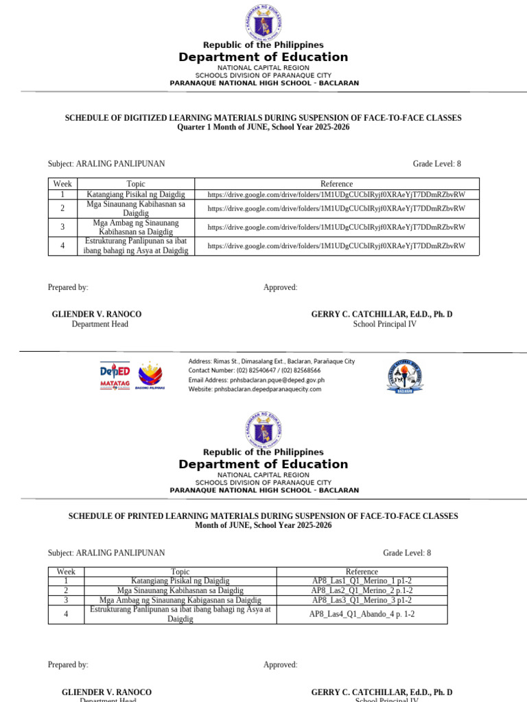 Learning Materials Schedule for Grade 8 | PDF | Government | Philippines