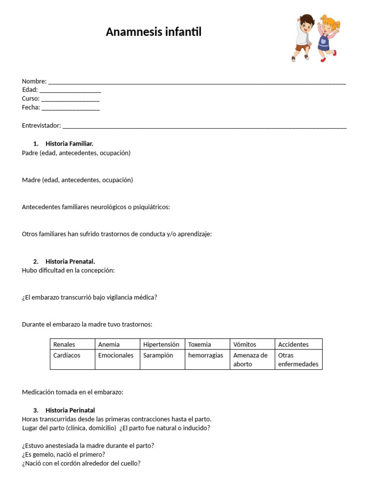 Anamnesis para Niños en WORD | PDF | Parto | El embarazo