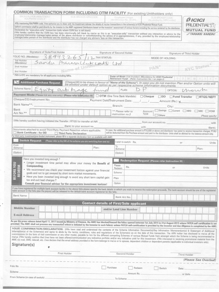 ICICI MF Transaction Form | PDF
