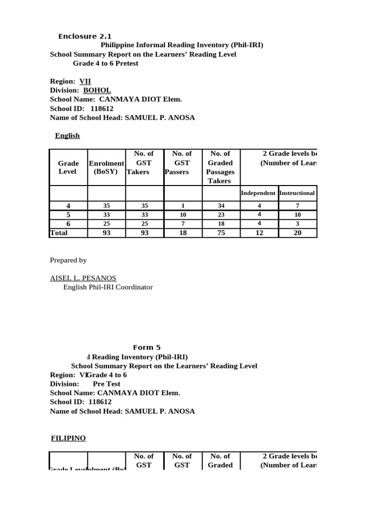 Canmaya Diot Elem Phil Iri Pre Test | PDF