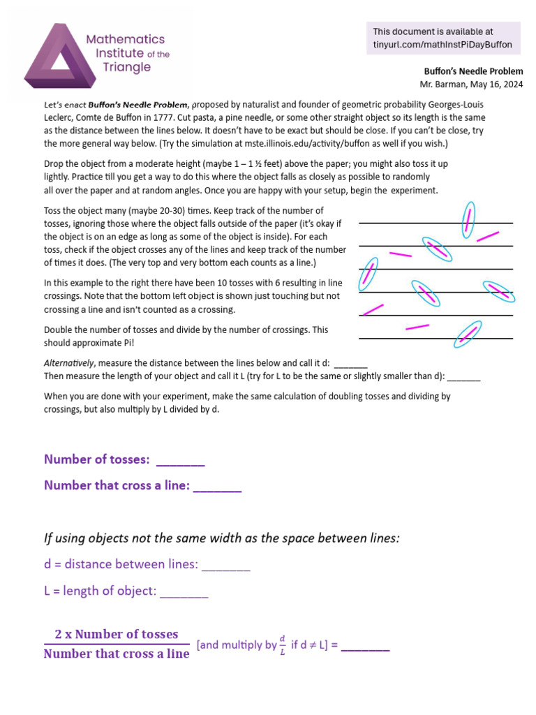 Pi Day - Buffon's Needle Problem | PDF | Probability Theory | Probability