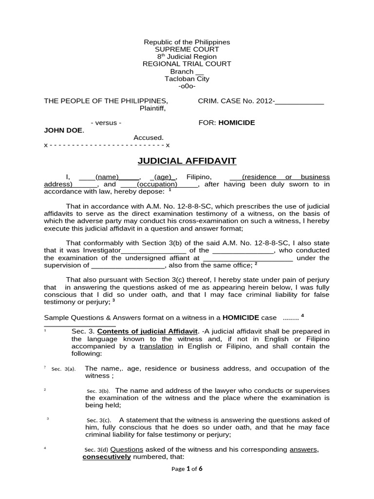 Template Judicial Affidavit (MTC MCTC MTCC RTC) | PDF | Affidavit ...