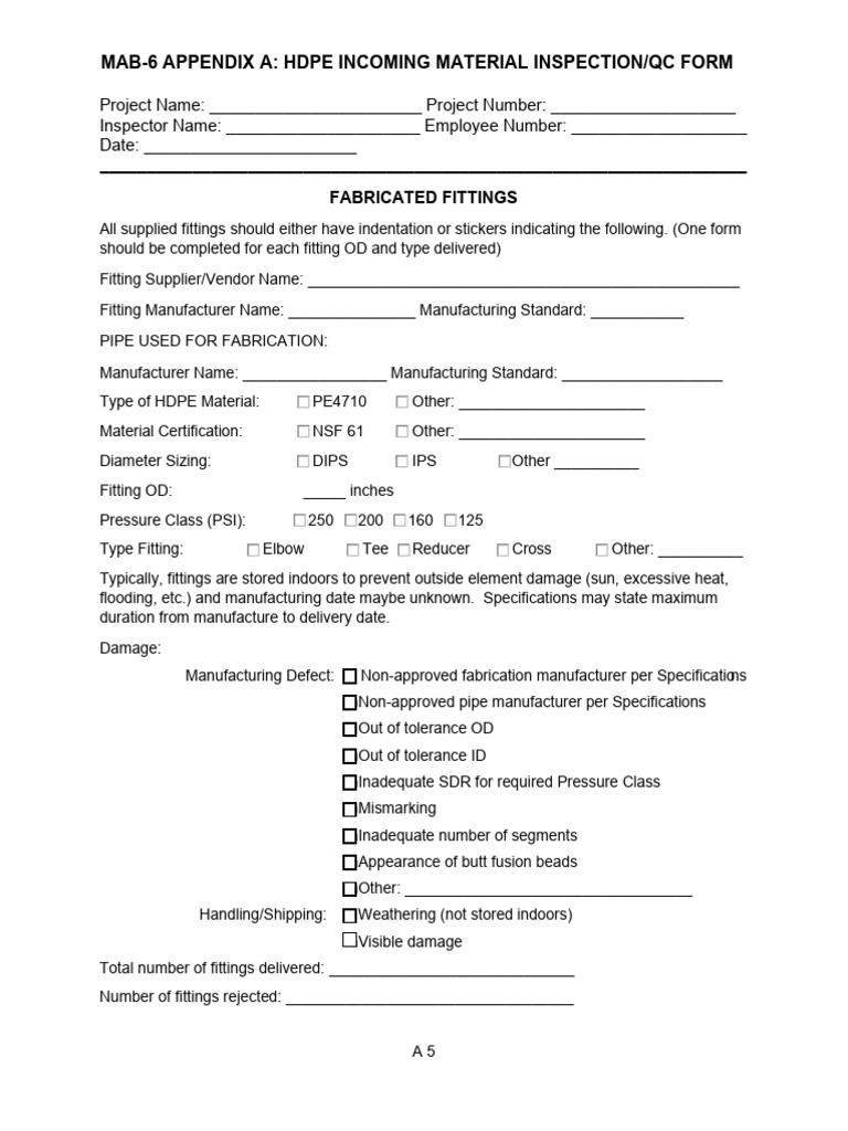 HDPE Fittings Inspection Form | PDF