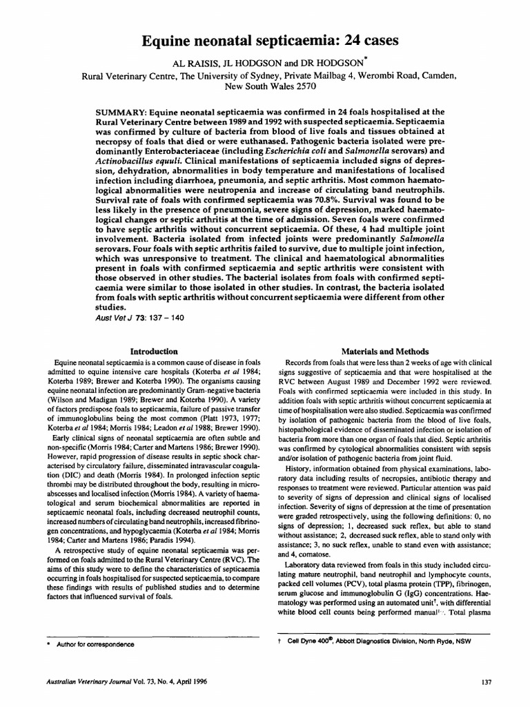 Equine Neonatal Septicaemia Study: 24 Cases | PDF | Sepsis | Blood Plasma