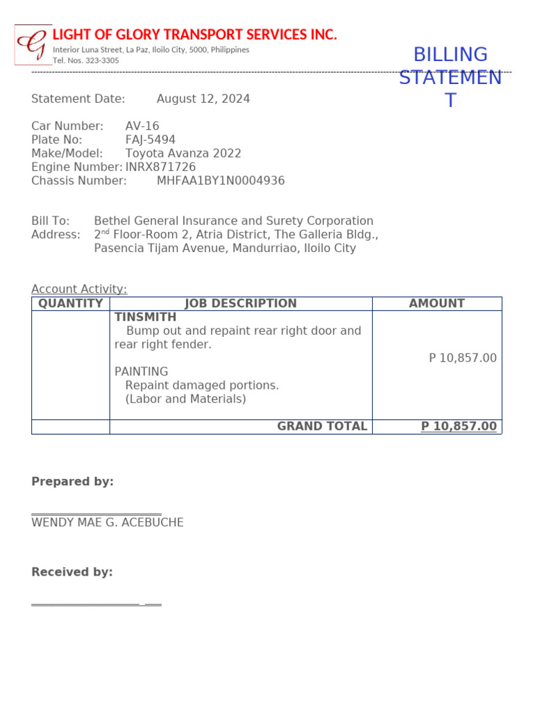 Billing Statement for Vehicle Repairs | PDF