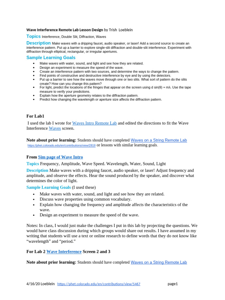 01 Lesson Design Wave Interference Remote Labs | PDF | Diffraction | Wavelength