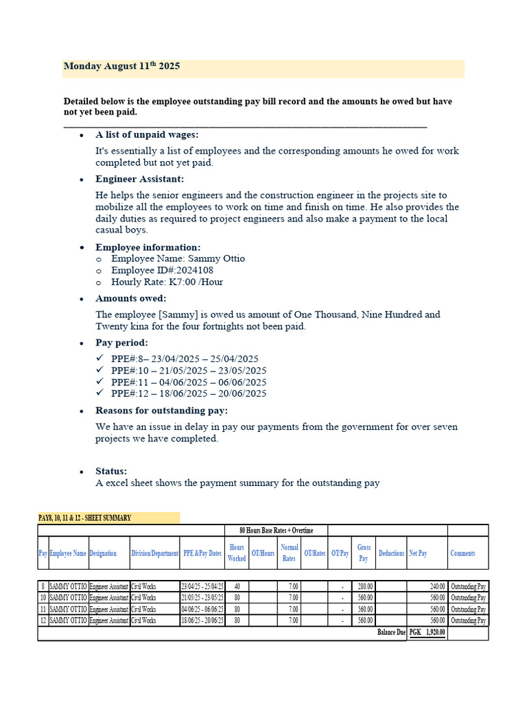 Outstanding Pay Record for Sammy Ottio | PDF | Labor | Business