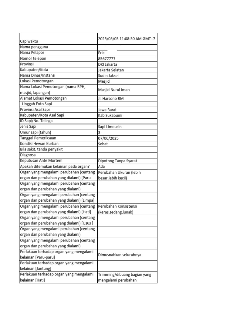 Contoh Formulir Pelaporan Sapi Bantuan Masyarakat (Banmas) Dalam Kegiatan Kurban Tahun 2025 (1 ...