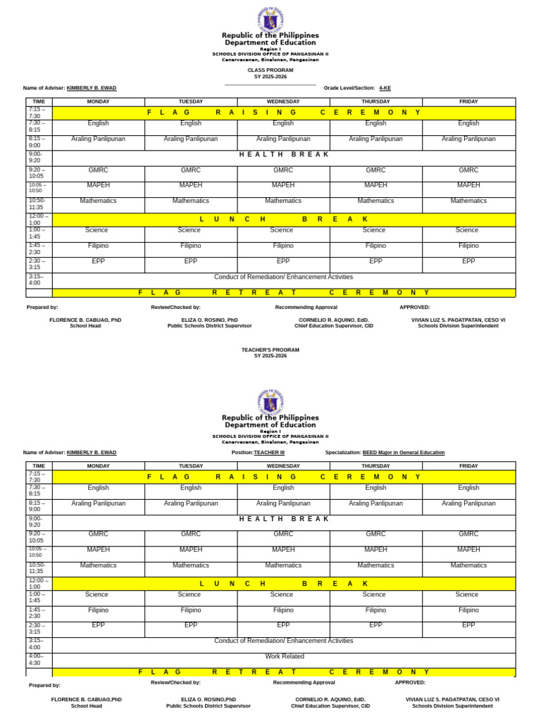 Class Program - Teacher Program (1) .Docx Final | PDF | Philippines ...
