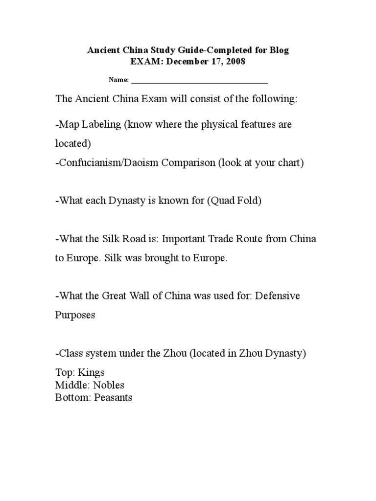 Ancient China Study Guide-Answers | PDF