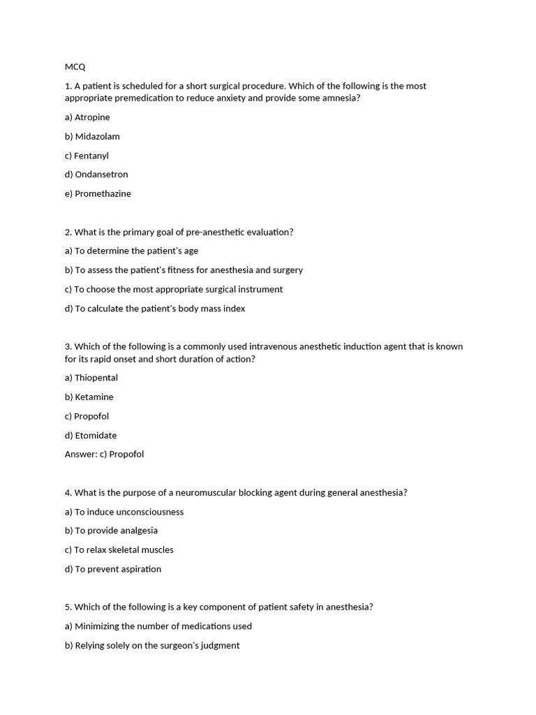 Anesthesia MCQs for Surgical Procedures | PDF