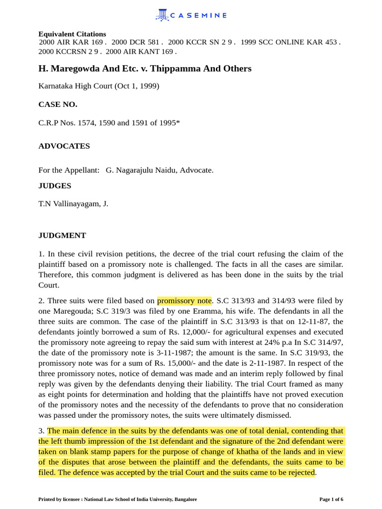 CASEMINE - H. Maregowda and Etc. v. Thippamma and Others | PDF | Lawsuit | Negotiable Instrument