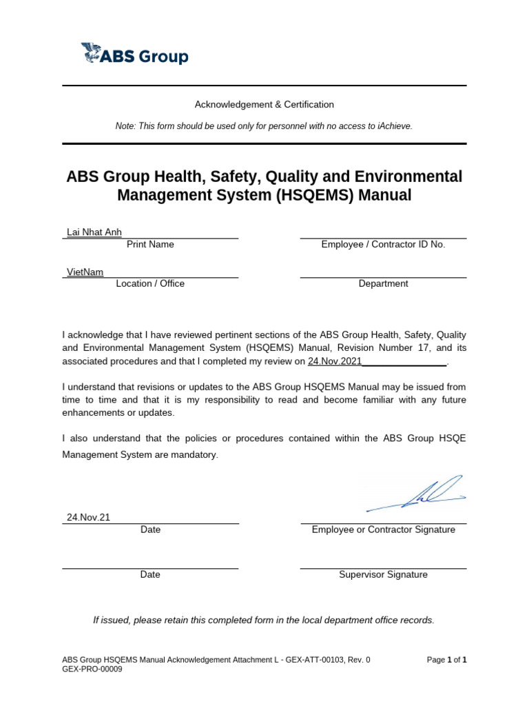 ABS Group HSQEMS Manual Acknowledgement Form | PDF