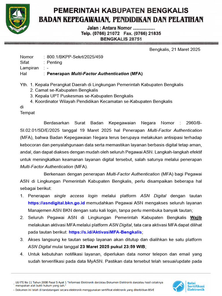 Surat Penerapan Multi-Factor Authentication (MFA) - 1 - Signed | PDF