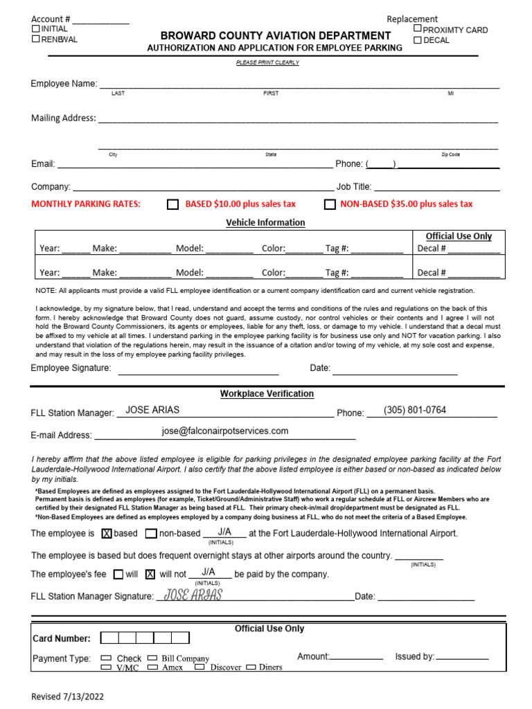 FLL Employee Parking Application Form | PDF | Parking