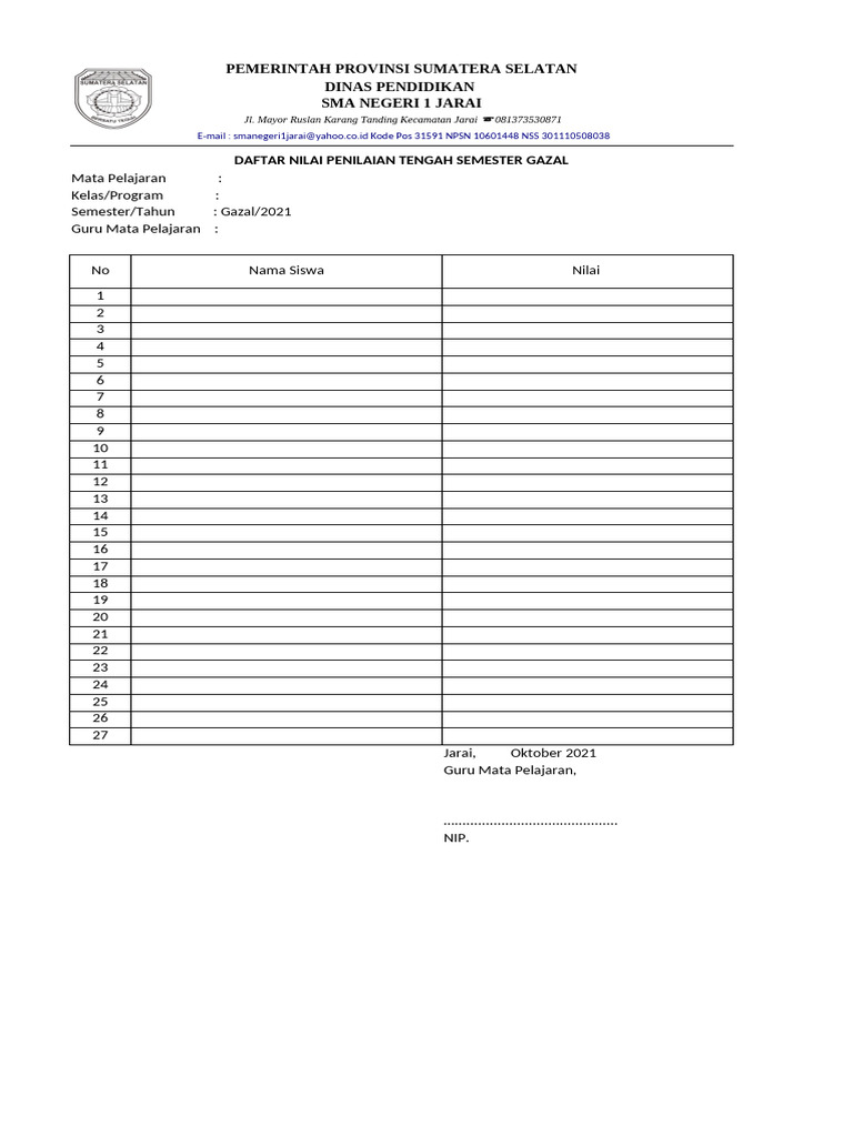 Format Daftar Nilai Pts | PDF