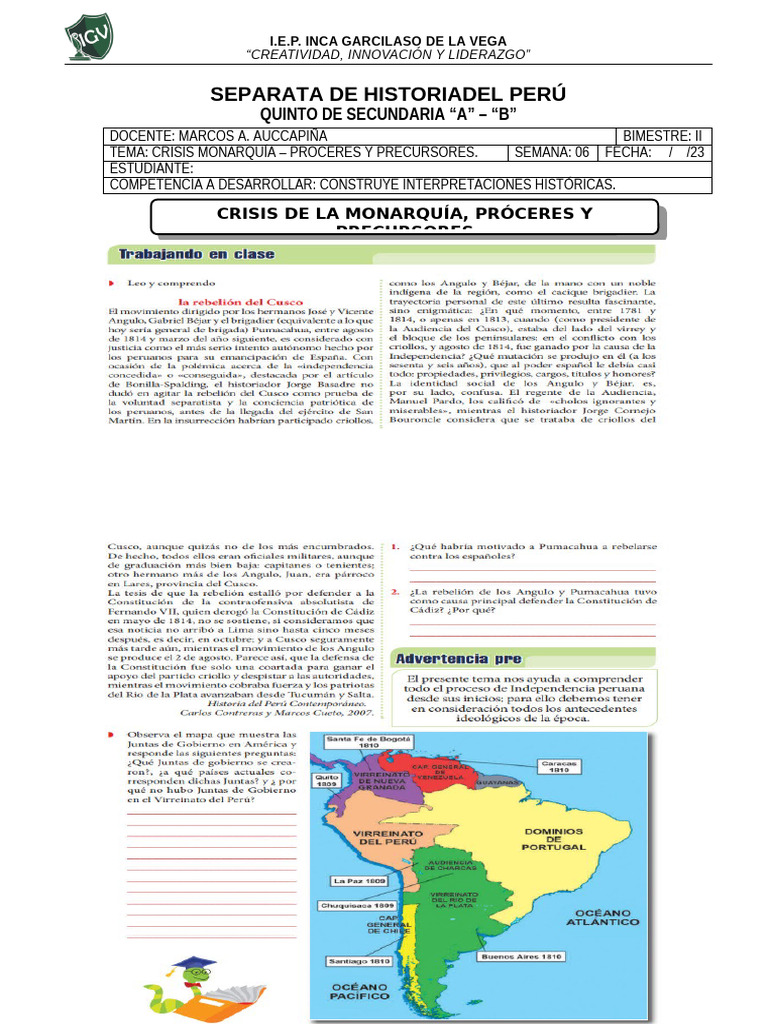 06 Cris de La Monarquía, Próceres y Precursores Ficha | PDF