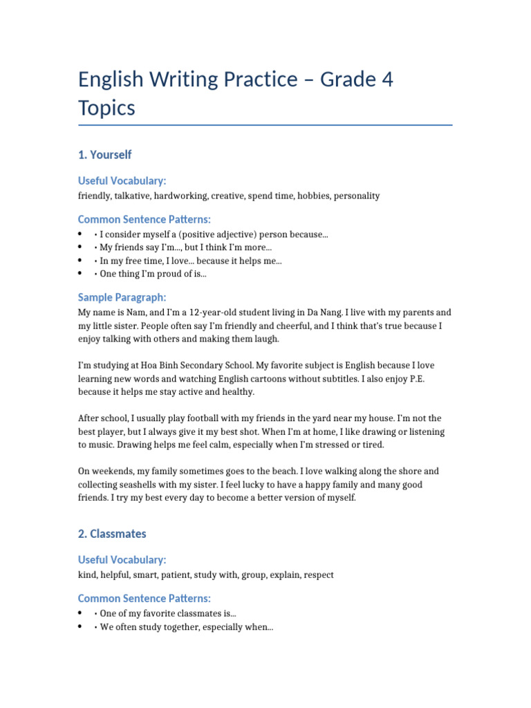 Grade4 English Writing Topics | PDF | English Language