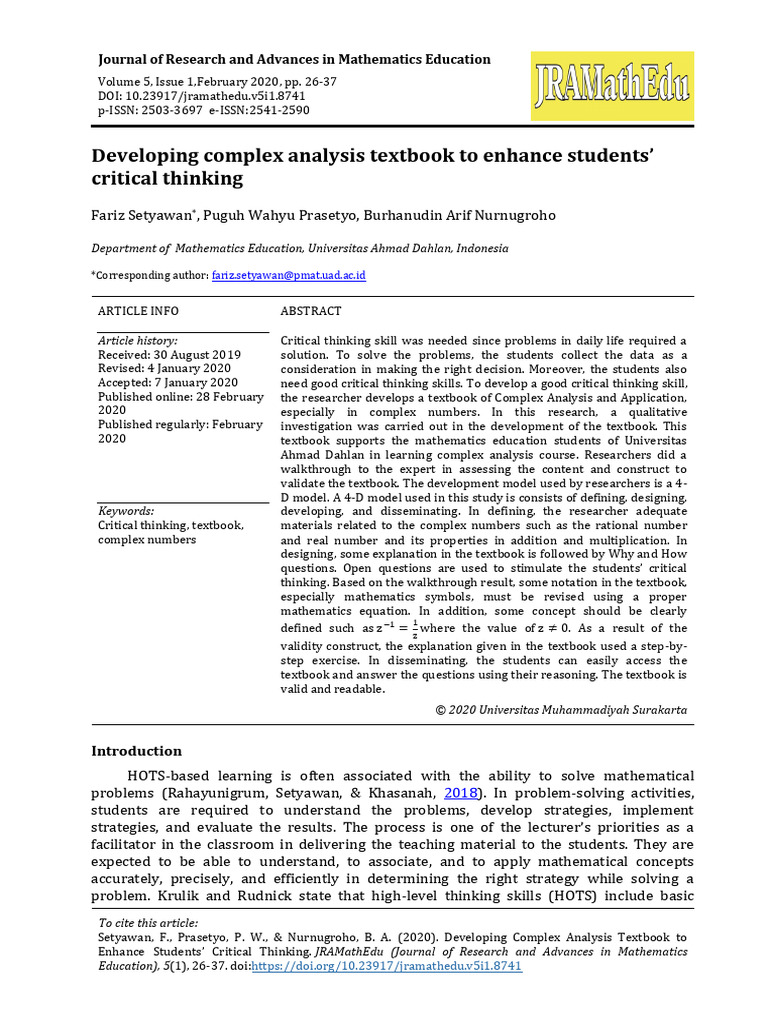 Developing Complex Analysis Textbook To Enhance Students Critical ...