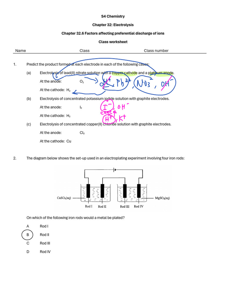 Electrolysis: Factors & Experiments Worksheet | PDF | Anode | Electrode