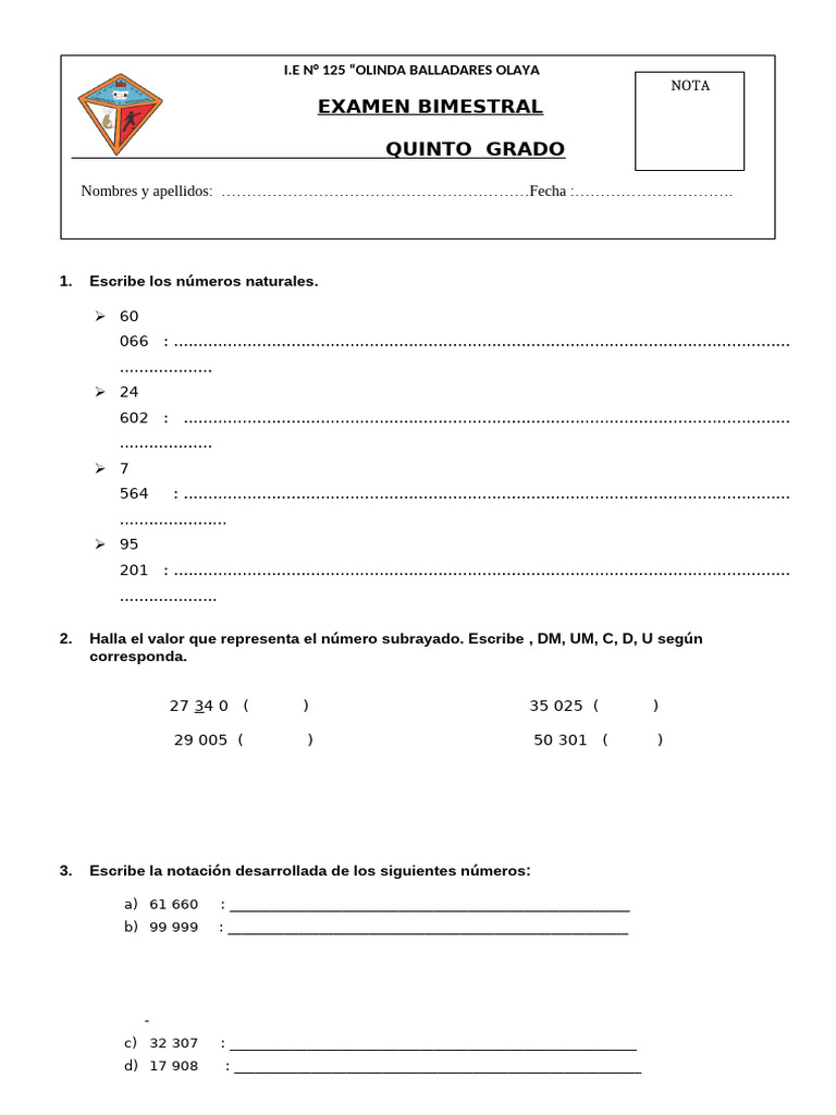 01 Examen de Matemática (Numeración) | PDF