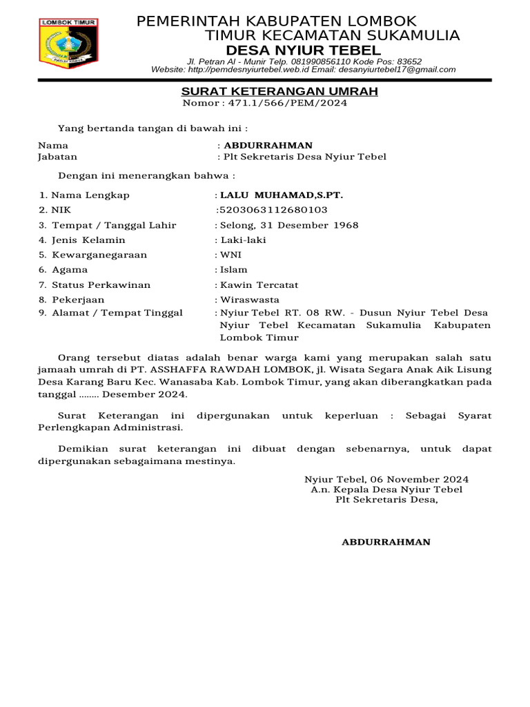Surat Keterangan Umrah Nyiur Tebel | PDF